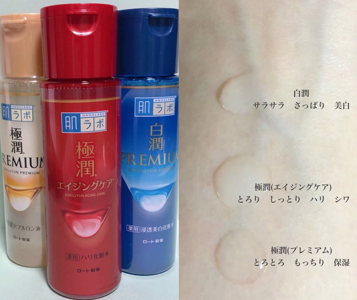 肌ラボの化粧水 極潤プレミアムヒアルロン液ハダラボスーパーモイスト化粧水c他、2商品を使った口コミ 肌ラボシリーズ テクスチャの違いを
