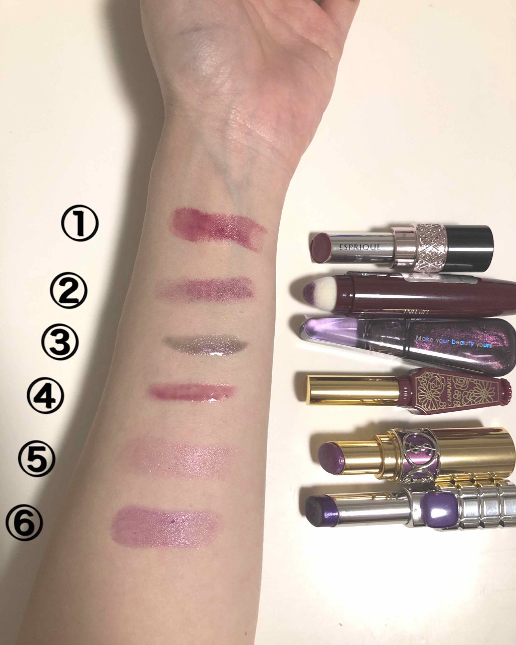 キャンメイク・revlonの口紅を使った口コミ 昨年末からムラサキのリップアイテムが集まりましたスウォッチあり👍 ️ By みーーさん混合