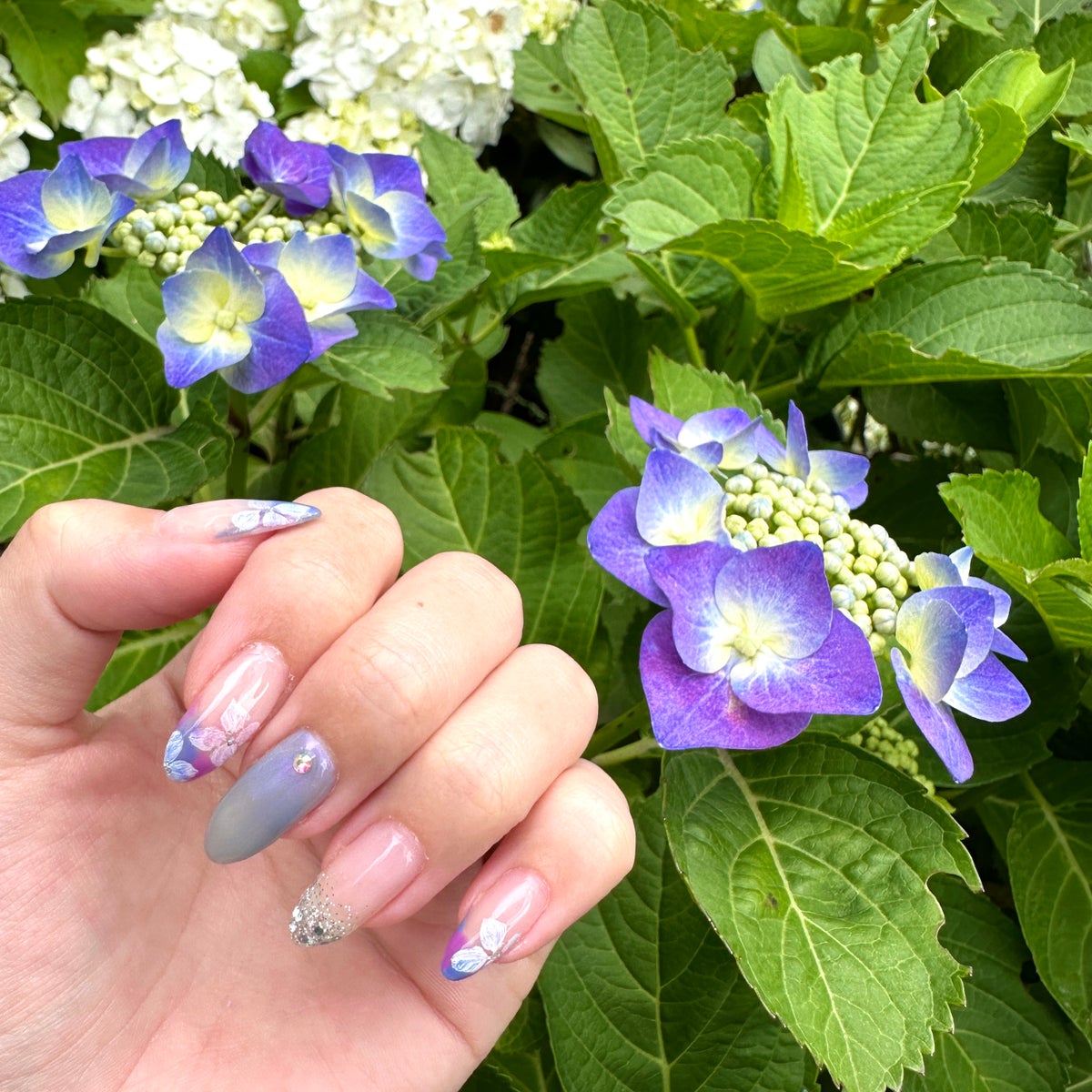 セリア・ジェルミーワン・daisoのネイル・ネイルケアを使った口コミ 紫陽花ネイル💠 初めて手書きのお花やってみた! By Lucy混合肌